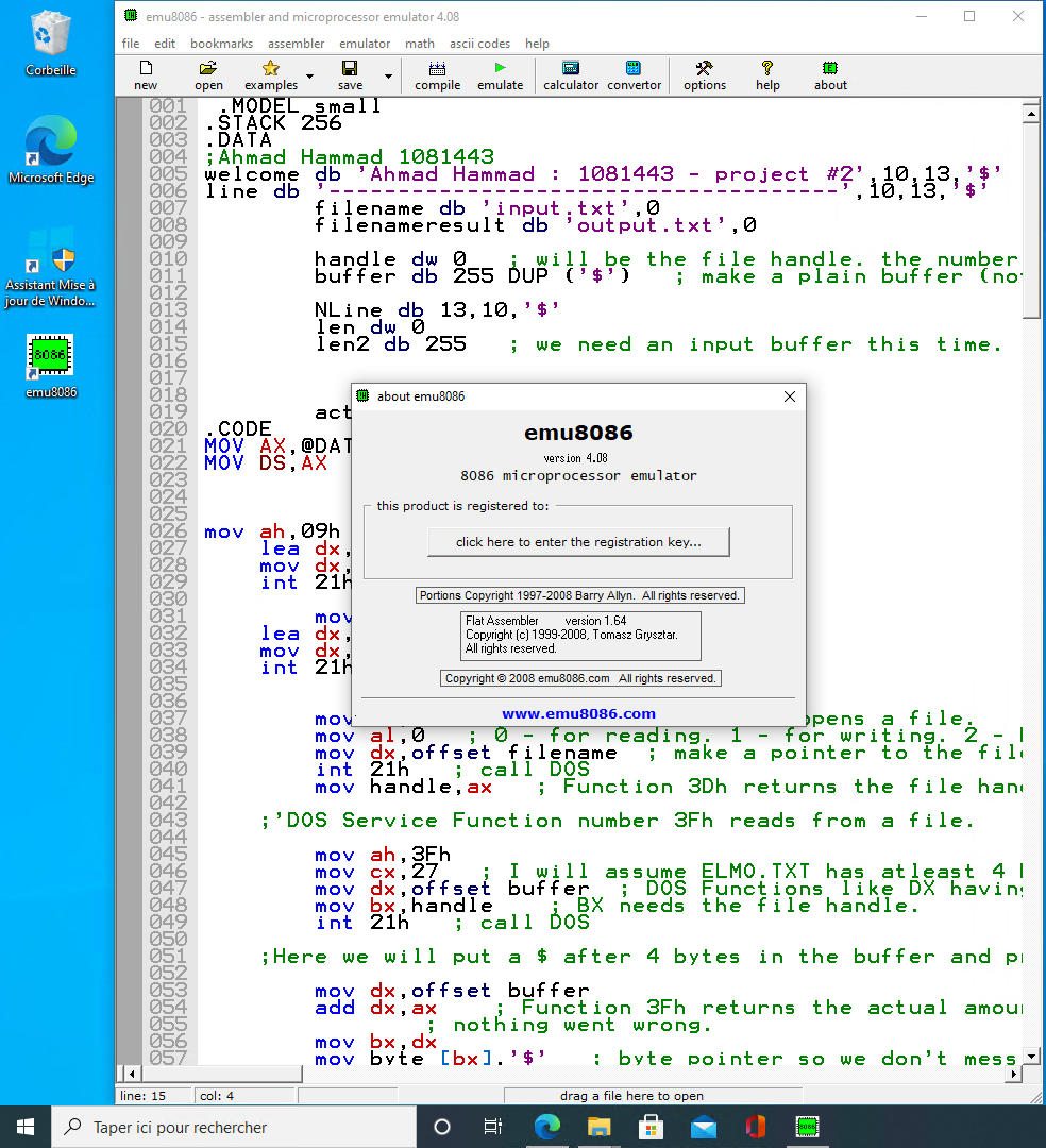 Logiciel - emu8086 - Présentation du logiciel